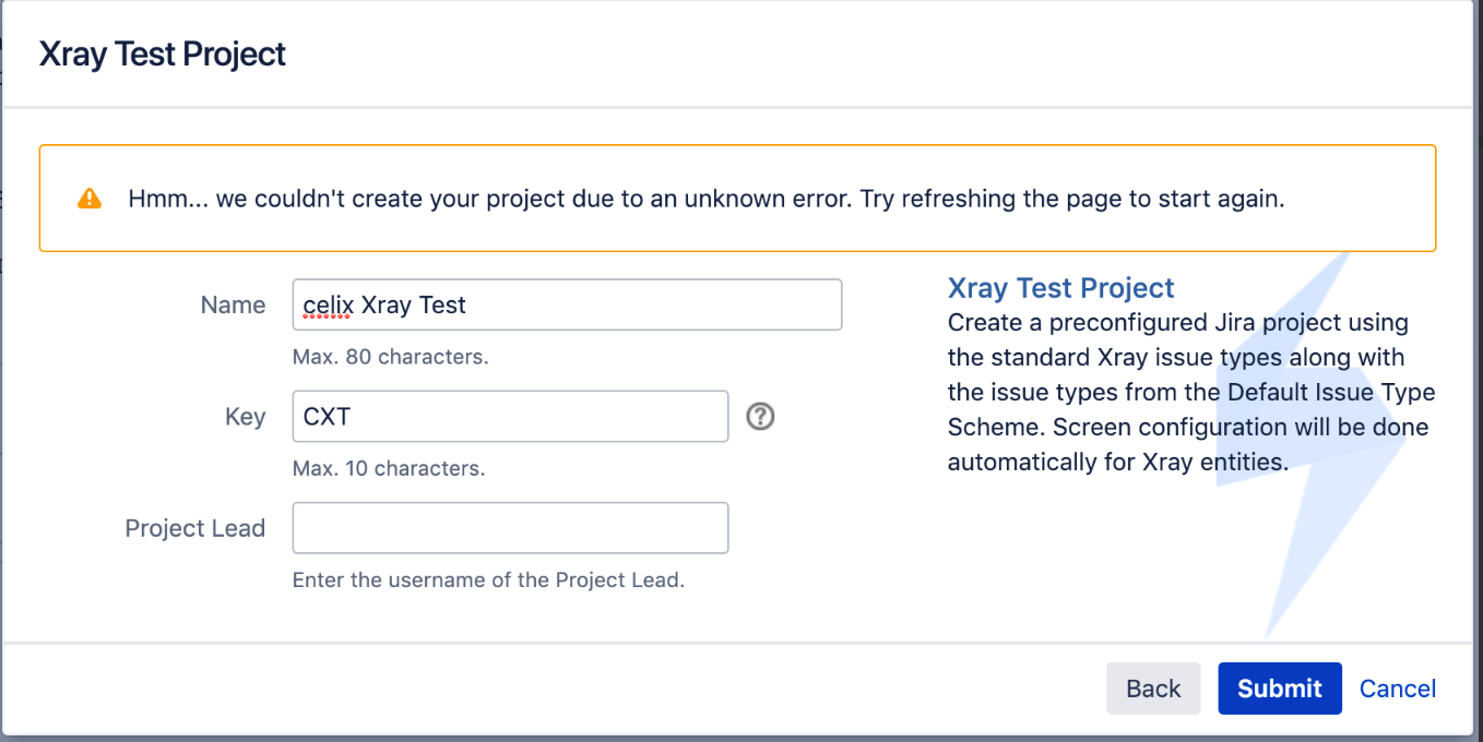 [XRAY-3663] Error while creating an Xray project - Xblend Issue Tracker